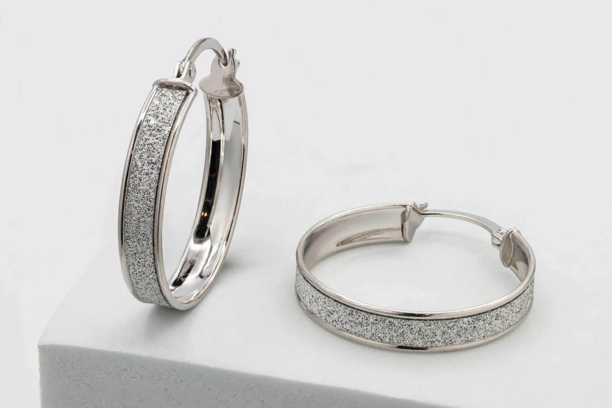 9ct White Gold Hoop Earrings With Frosting Detail 1.7g