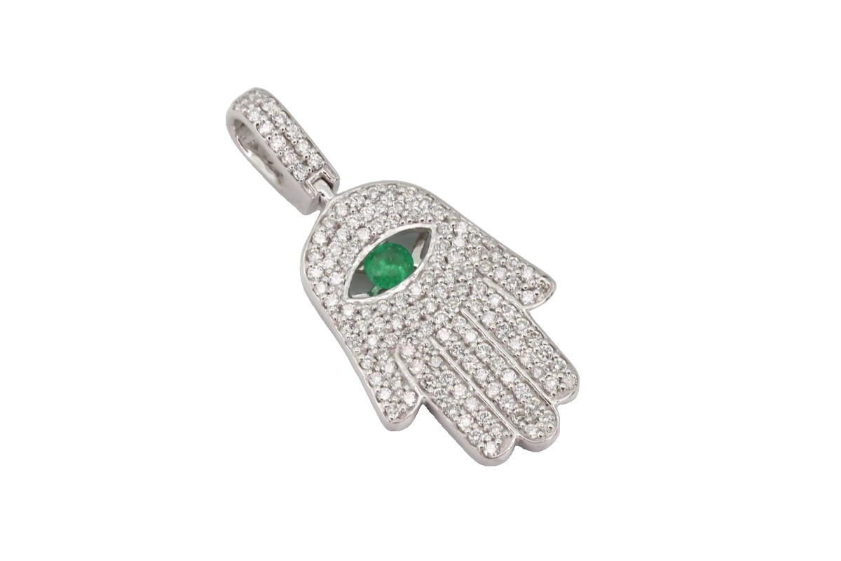 9ct white gold diamond & Emerald Hamsa Hand pendant - Out of stock